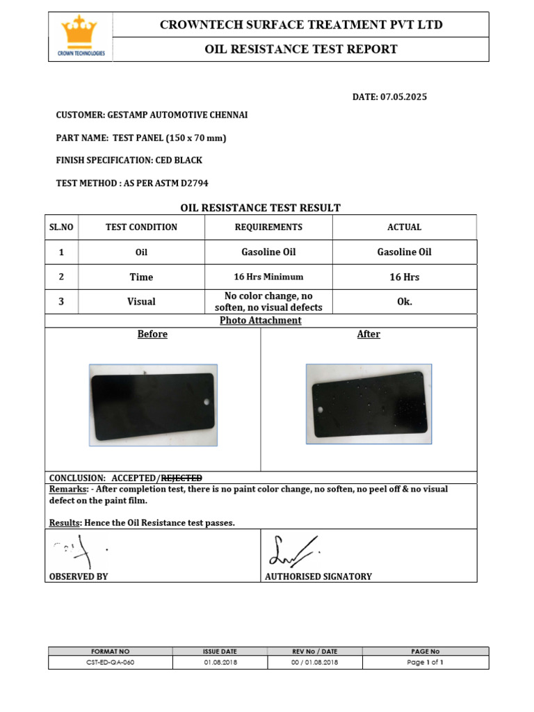 Oil Resistance Test Results Report | PDF