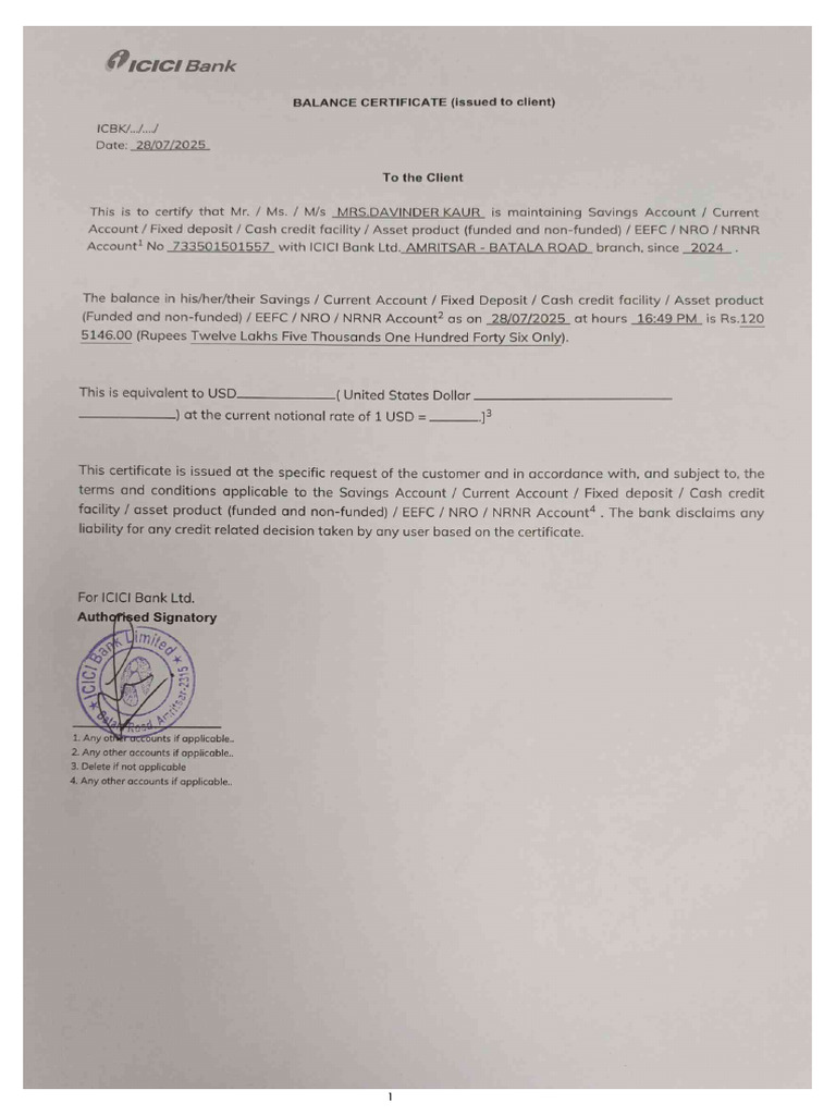 Bank Balance Certificate of Davinder Kaur (Mother) (INR 12,00,000) | PDF