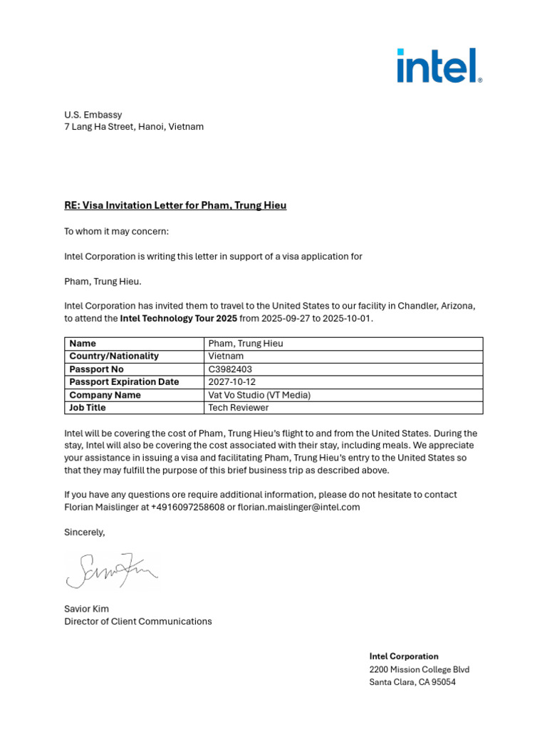 ITT 2025 Signed Letter of Invitation For Pham, Trung Hieu | PDF