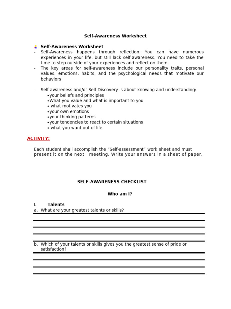 Self-Awareness Assessment Guide | PDF | Self Awareness | Emotions