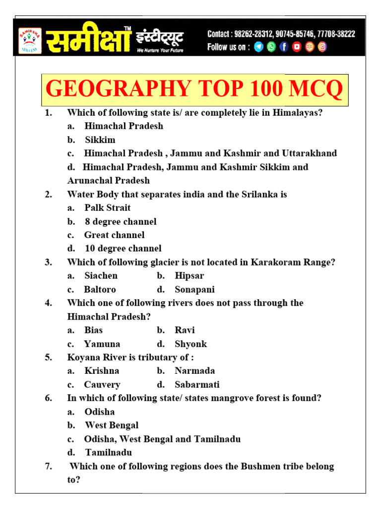 Geography MCQs: Top 100 Questions | PDF | Himalayas | Venus