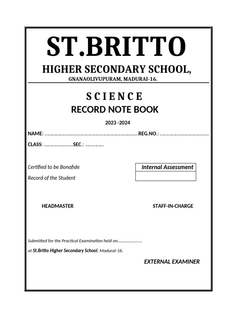 St. Britto Science Record Notebook 2023 | PDF
