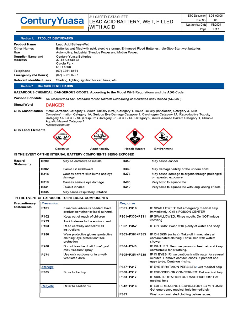 Ghs 10e Sds 00006 Au Lead Acid Battery Wet Filled With Acid | PDF ...