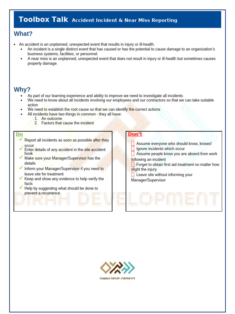Toolbox Talk Accident Incident & Near Miss Reporting | PDF