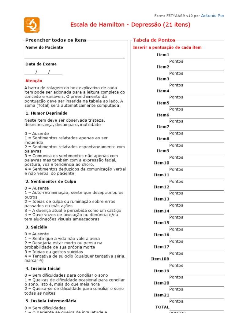 Escala de Hamilton - Depressão - (21 Itens - ) | PDF | Depressão ...