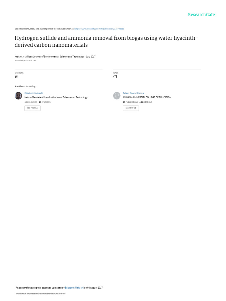 Hydrogen Sulfide and Ammonia Removal From Biogas U | PDF | Adsorption ...