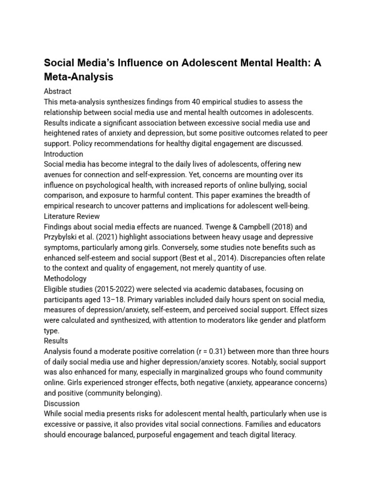 Social Media's Influence On Adolescent Mental Health - A Meta-Analysis ...