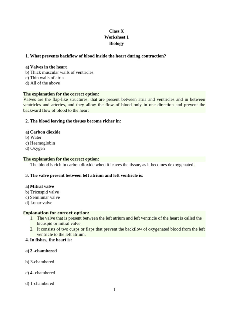 Class X Biology Heart and Circulation Worksheet | PDF | Circulatory ...
