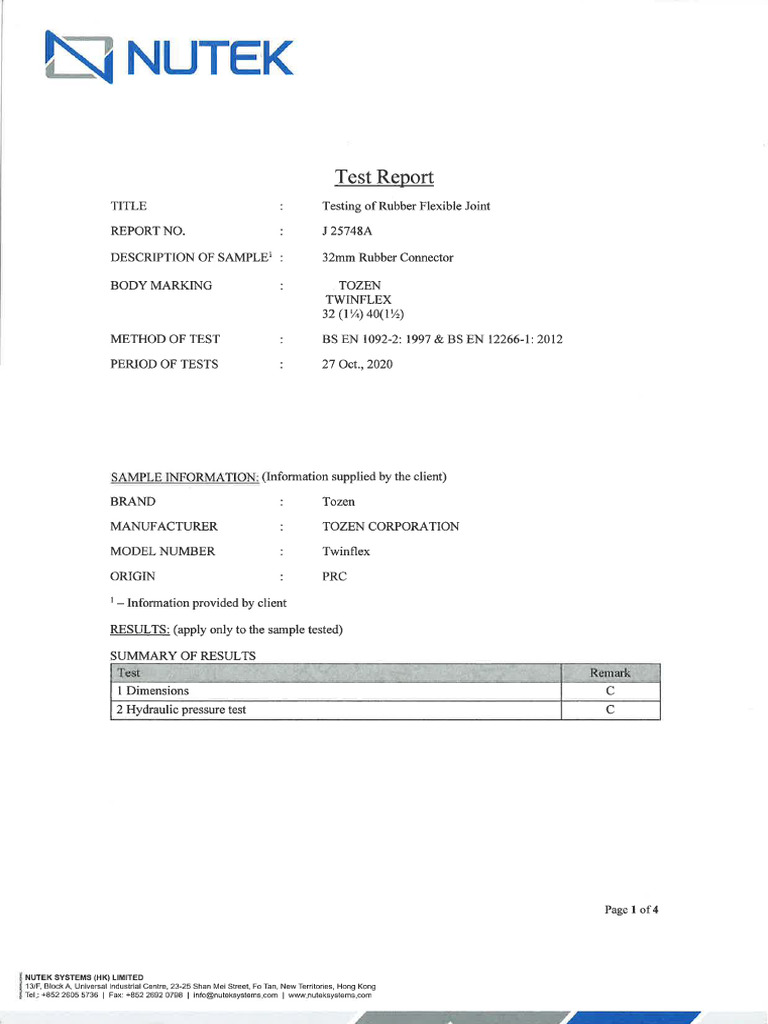 Tozen - Flexibe Joints Test Report For WSD - DN32-DN300 - 26-Oct-2025 ...