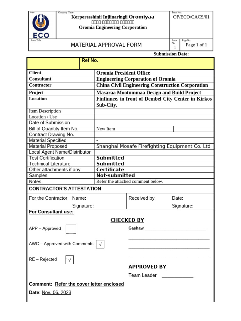 Material Approval Format For Gas Fire Extinguishing Sample | PDF