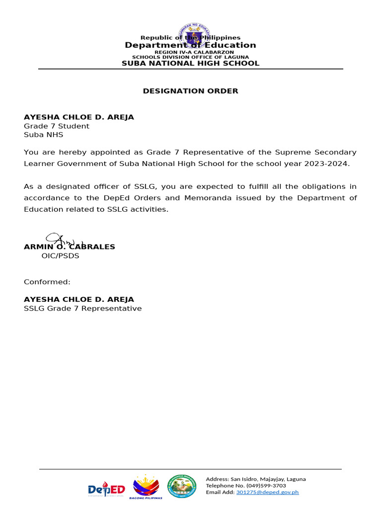 Suba National High School Designation Orders | PDF | Philippines ...