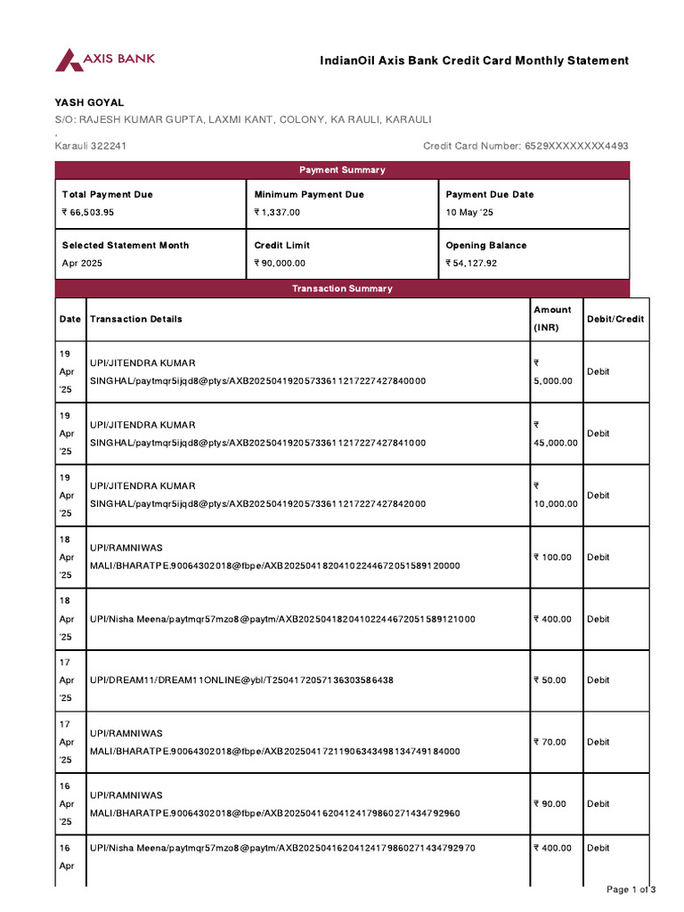 Axis Bank Credit Card Statement April 2025 | PDF | Debit Card | Retail ...