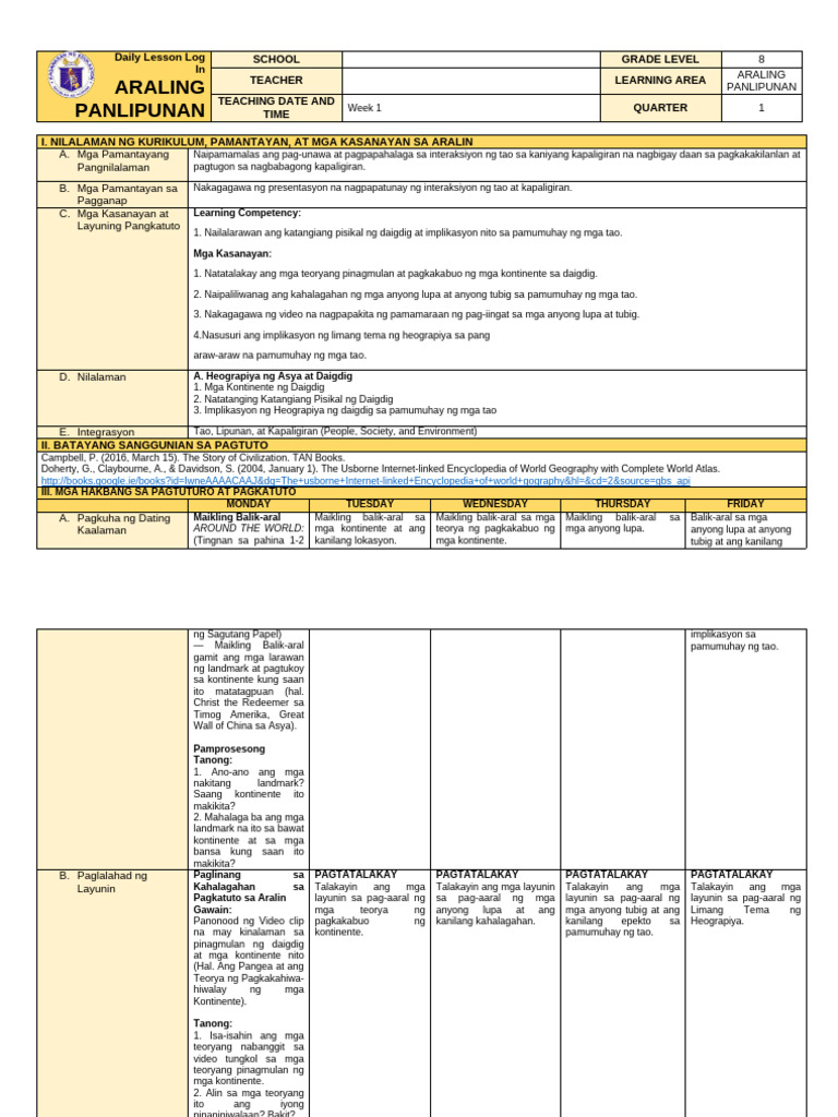 Ap8 Matatag Q1 Week 1 | PDF