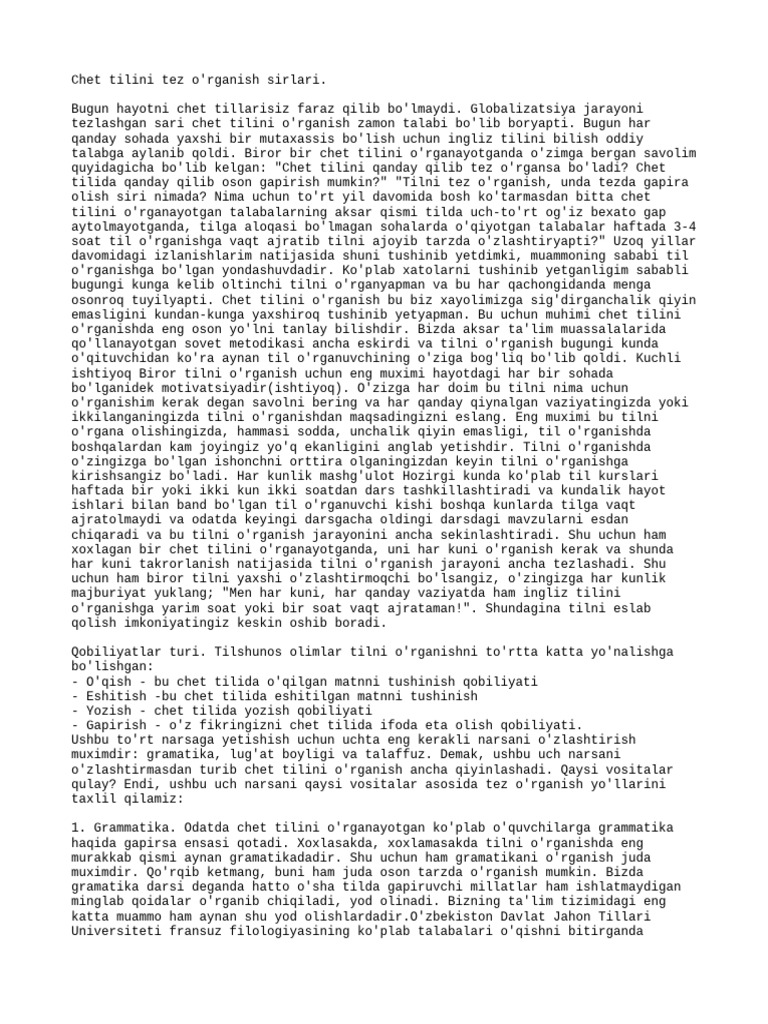 Chet Tilini Tez O'rganish Sirlari | PDF