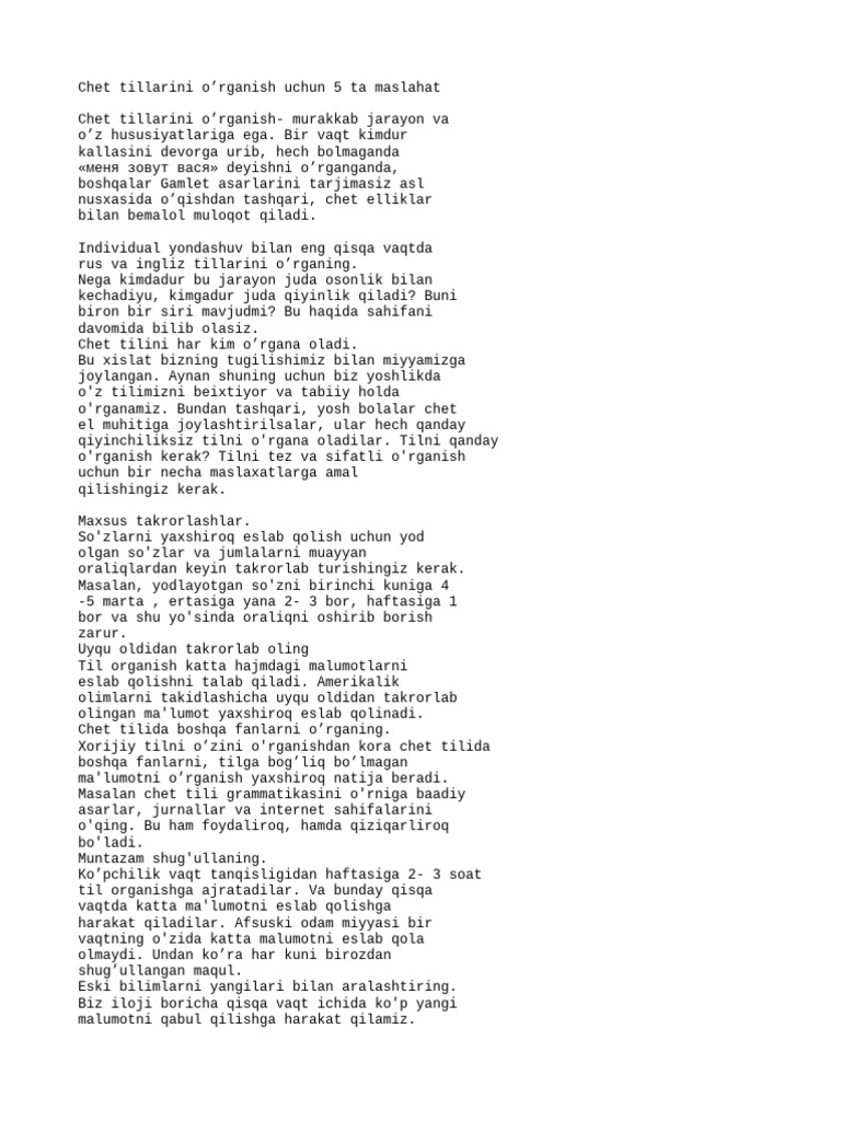Chet Tillarini O'rganish Uchun 5 Ta Maslahat | PDF