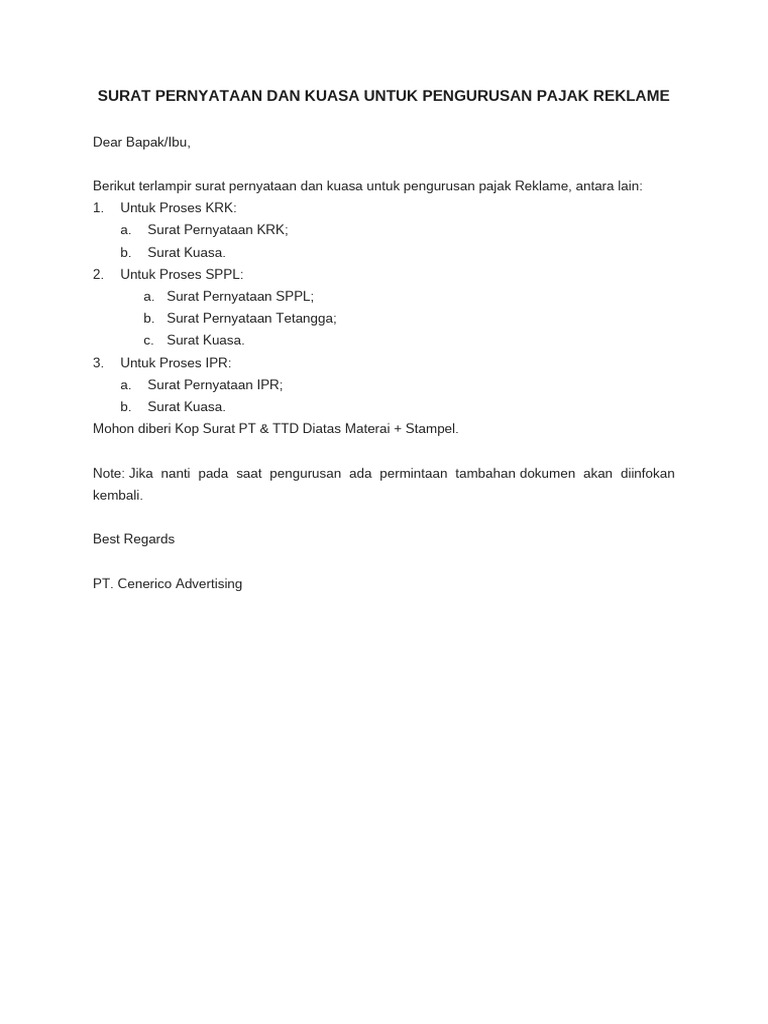 Surat Pernyataan Dan Kuasa Pengurusan Pajak Reklame | PDF