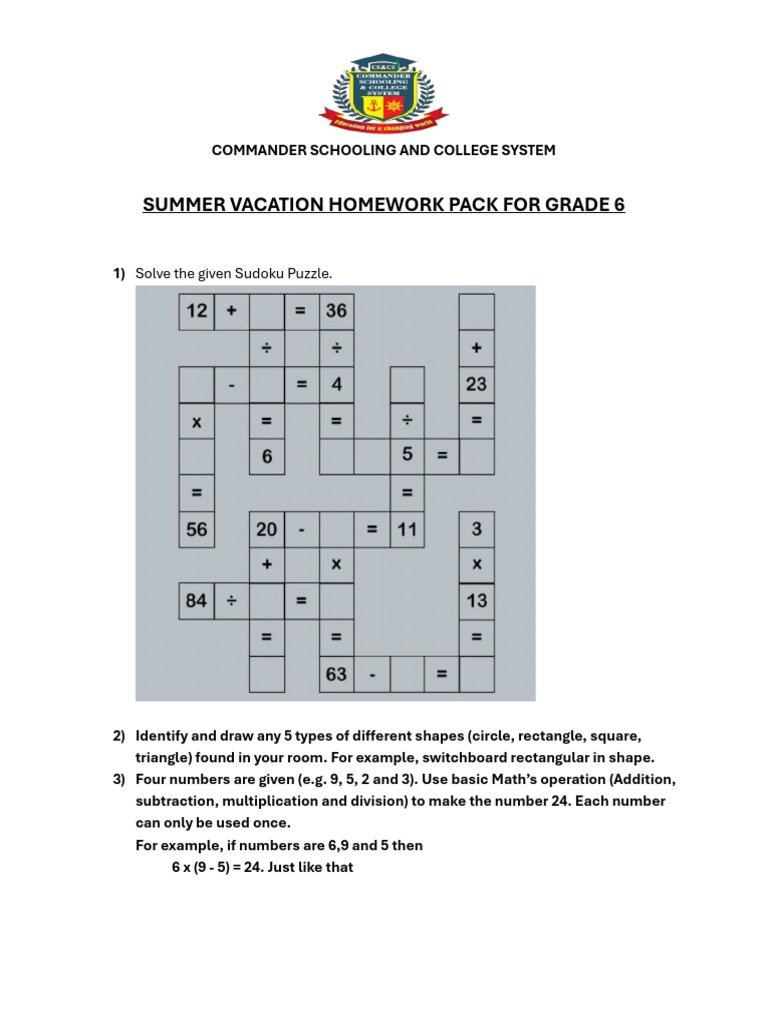 Grade 6 Summer Homework Pack | PDF