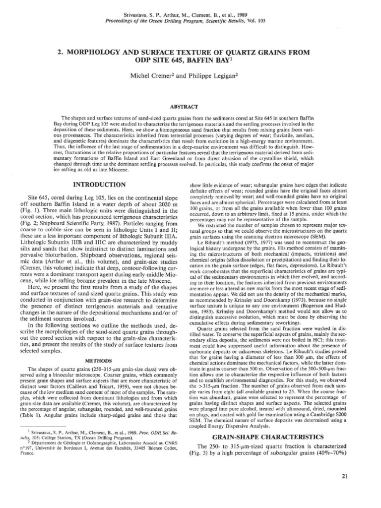 Morphology and Surface Texture of Quartz Grains From Odp Site 645 ...