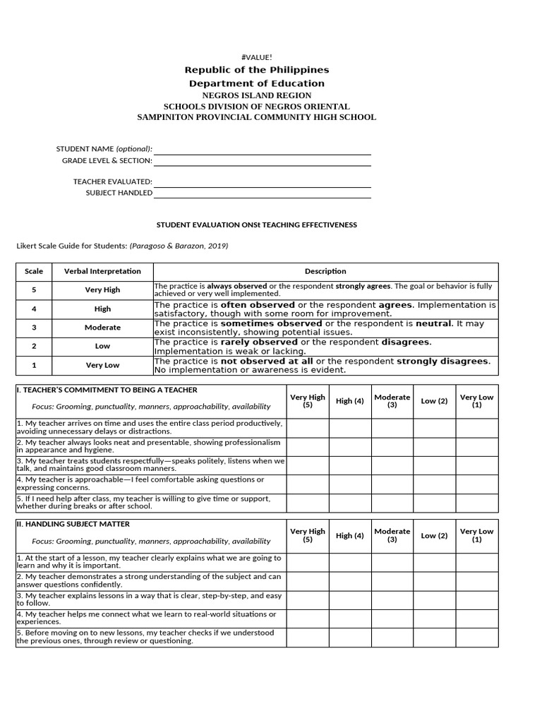 Likert Scale Questionnaire | PDF | Teachers | Psychological Concepts
