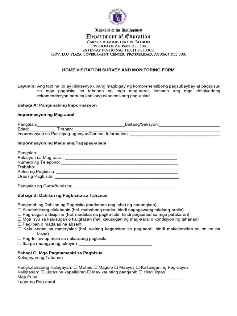 Home Visitation Survey and Monitoring Form | PDF