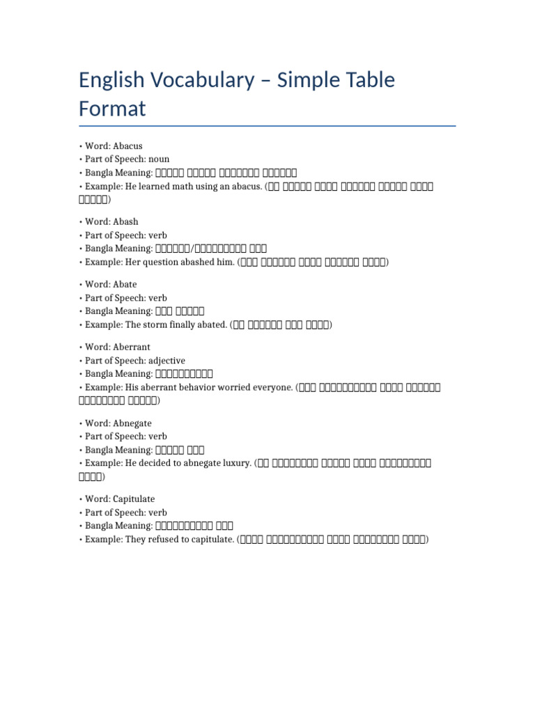 English Vocabulary Simple Table | PDF