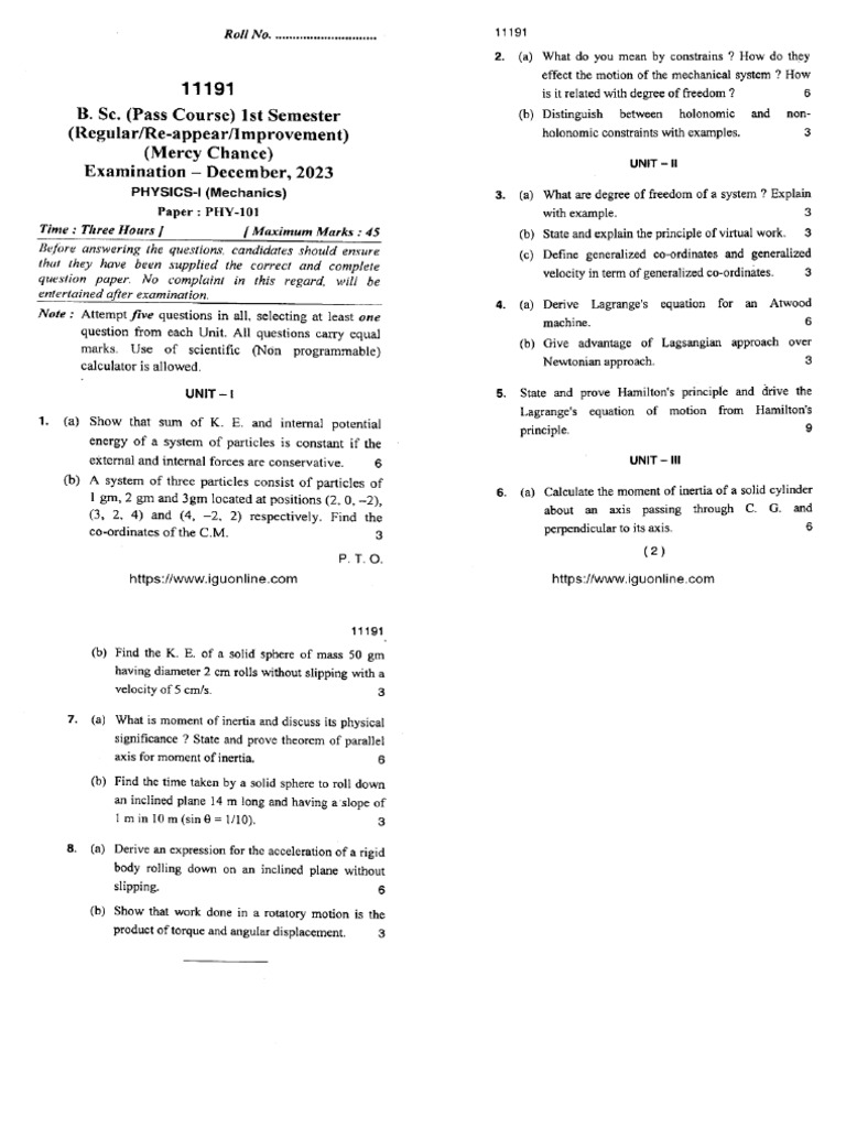 BSC 1 Sem Physics 1 Mechanics 11191 Dec 2023 | PDF