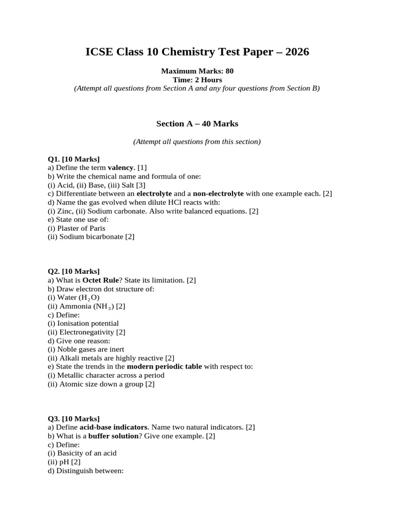 ICSE Class 10 Chemistry Test Paper | PDF | Redox | Chemical Compounds
