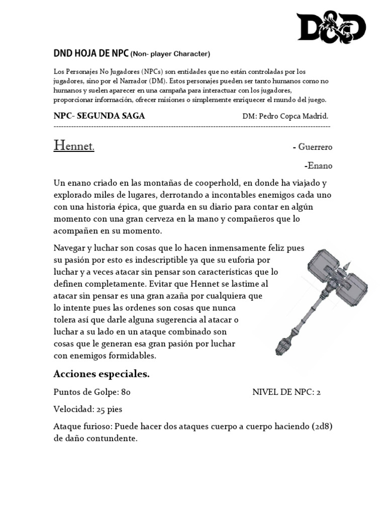 Hoja de NPCs para DND: Hennet, Thoren y Erebus | PDF