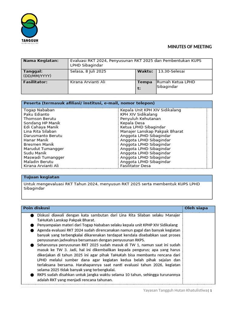 MoM - Evaluasi RKT 2024, Penyusunan RKT 2025 Dan Pembentukan KUPS | PDF