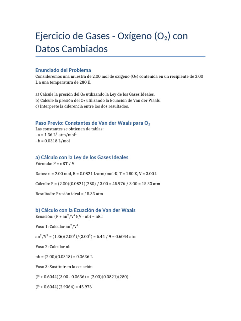 Ejercicio Gas Oxigeno O2 Datos Cambiados | PDF