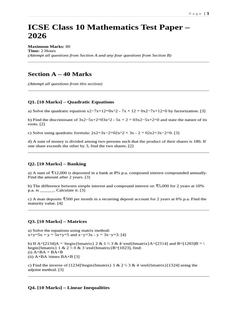 ICSE Class 10 Math Test Paper 2026 | PDF | Matrix (Mathematics ...