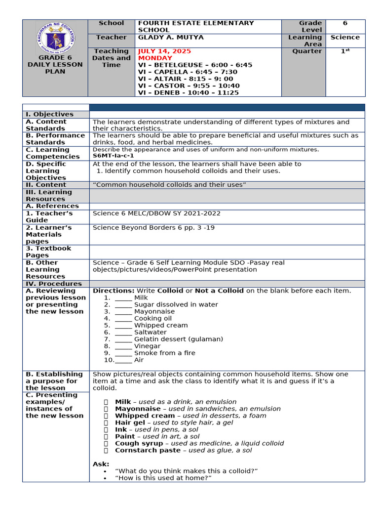 Q1-SCI-DLP-W1D13 PART 2 COLLOIDS AT HOME | PDF | Colloid | Mixture
