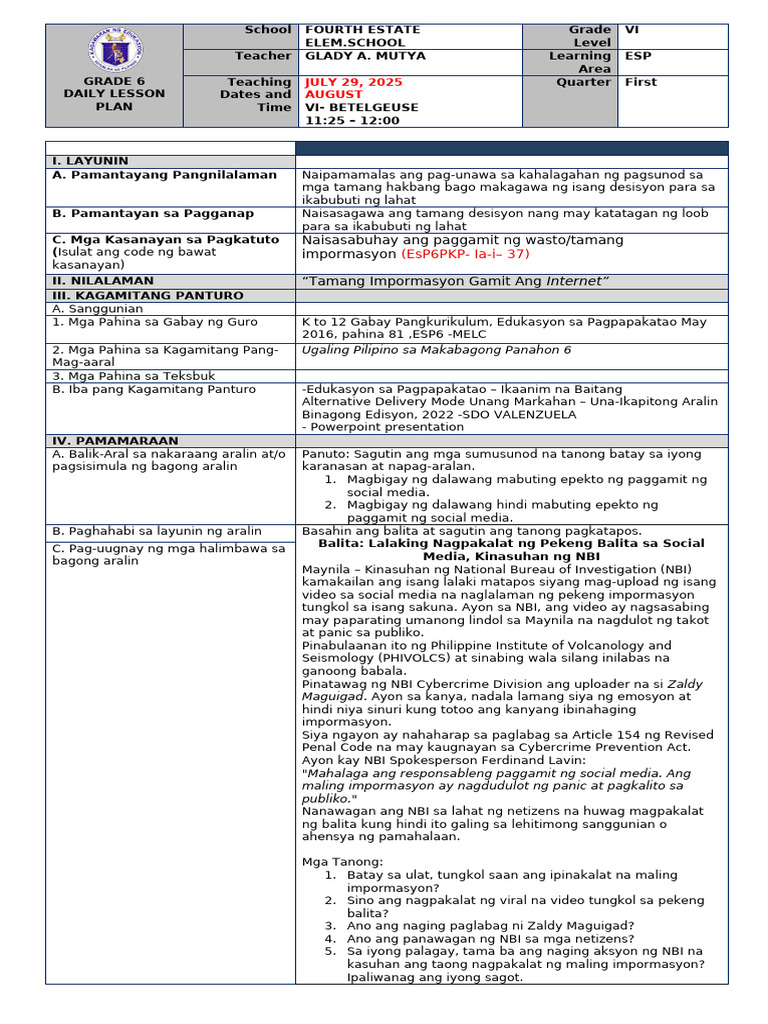 Q1-ESP-"Tamang Impormasyon Gamit Ang Internet" | PDF