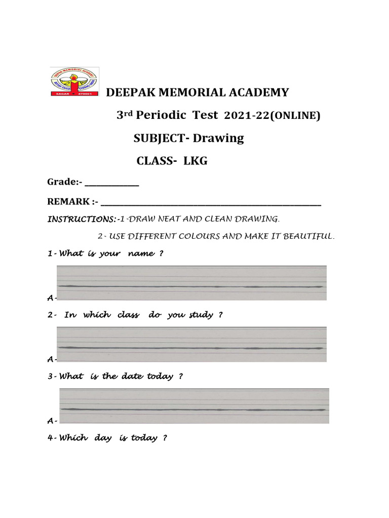 DRAWING SUBJECT Question Paper of Class LKG III Periodic Test 2021 22 | PDF