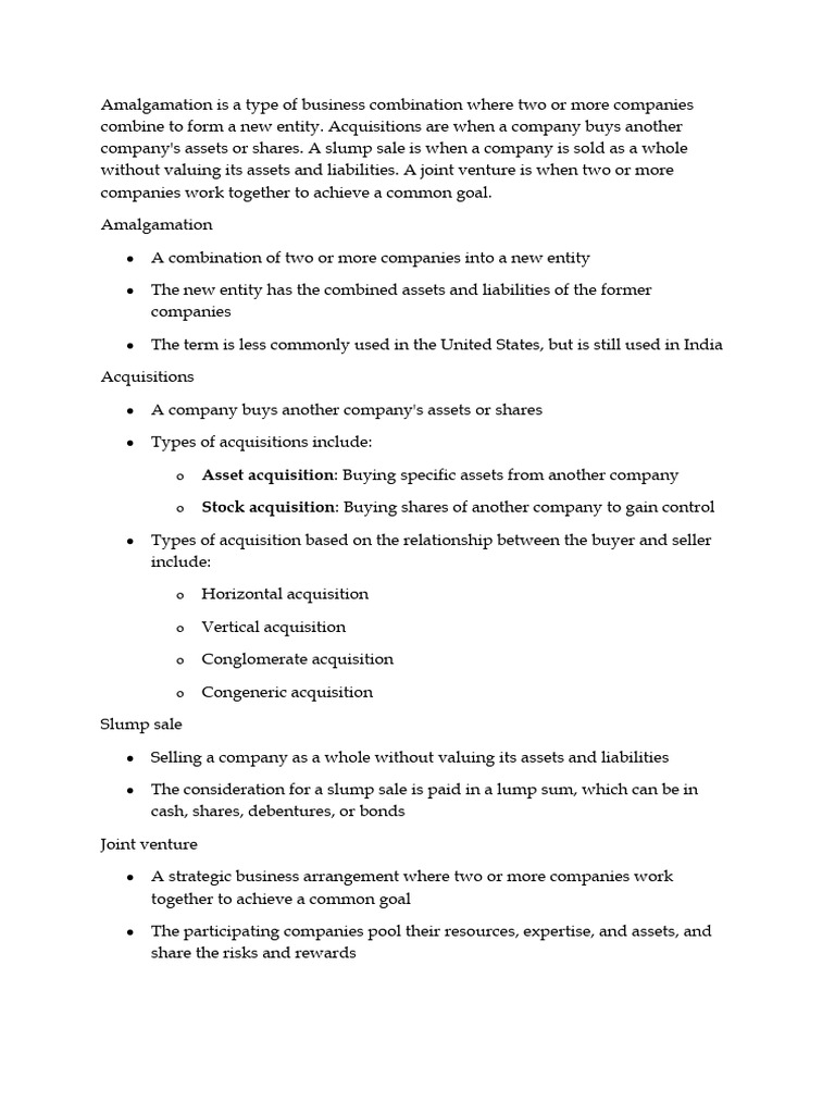 Amalgamation Notes | PDF | Mergers And Acquisitions | Corporations