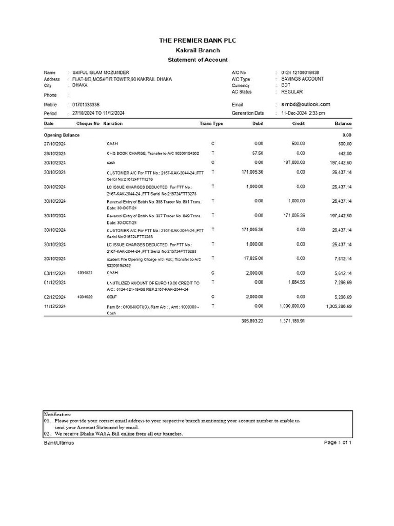 Bank Statement Prime Bank | PDF