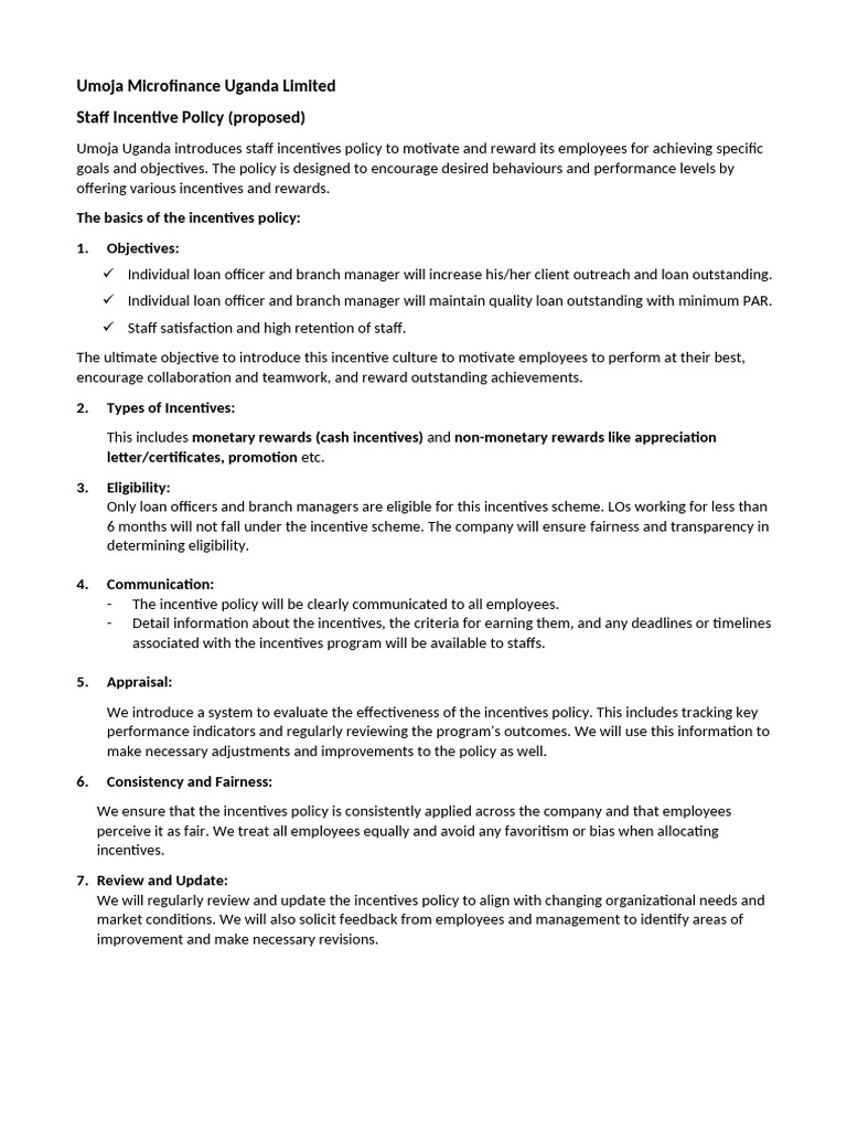 Umoja Microfinance Staff Incentive Policy | PDF | Incentive ...