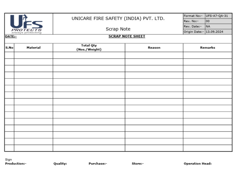 Scrap Note Format for UFS-A7-QA-31 | PDF