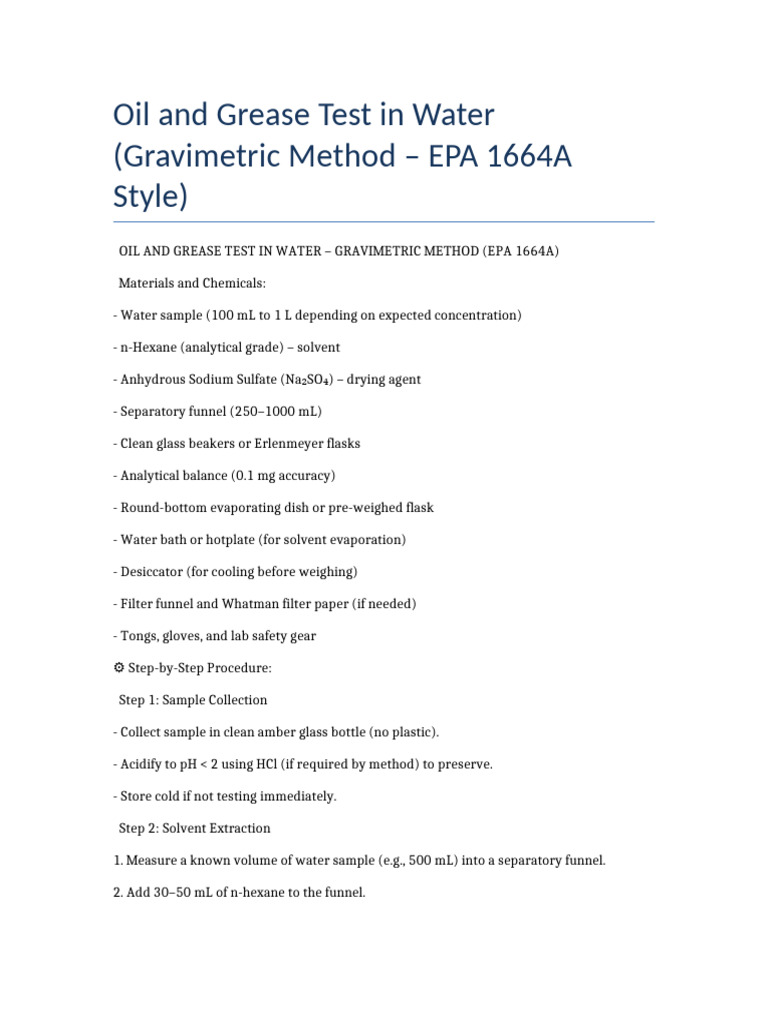 Oil and Grease Test Procedure (EPA 1664A) | PDF | Chemistry | Chemical ...