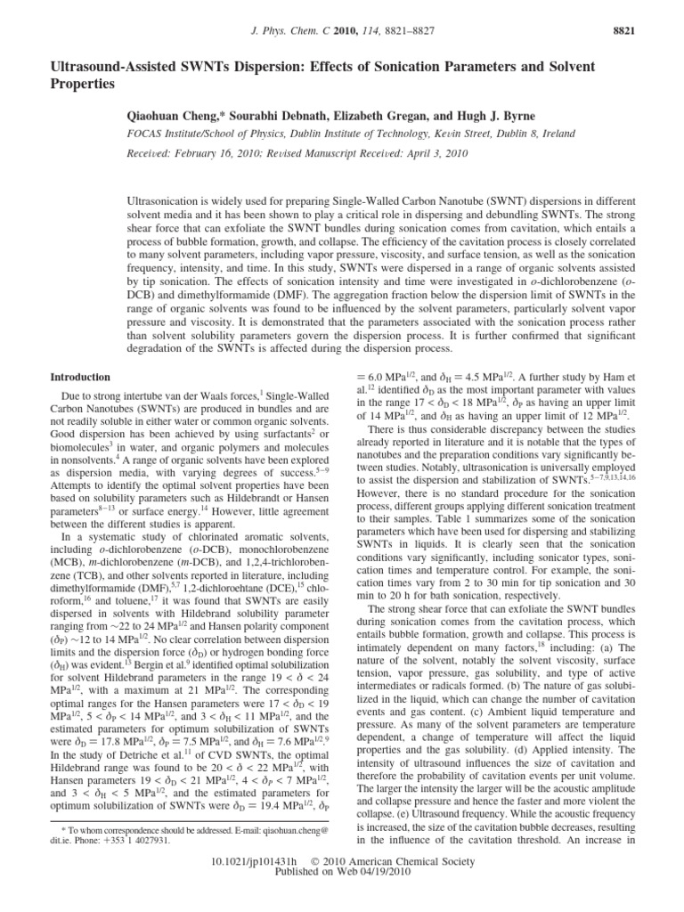 Ultrasonication Effects on SWNT Dispersion | PDF | Carbon Nanotube ...