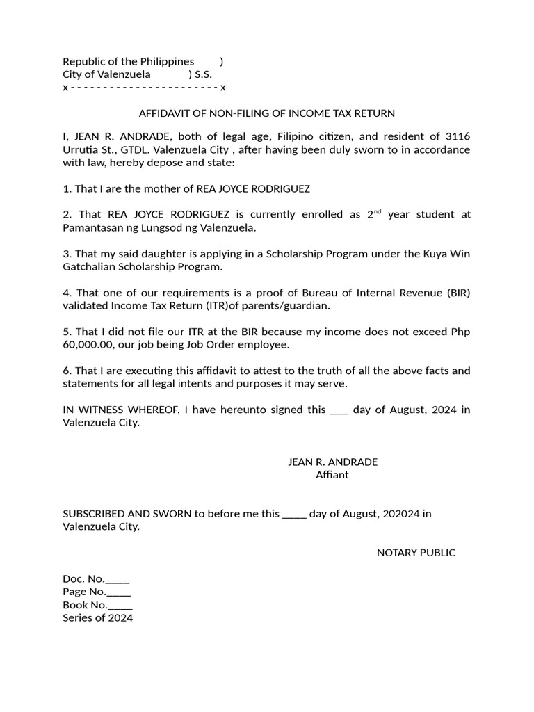 Affidavit of Non-Filing Tax Return | PDF