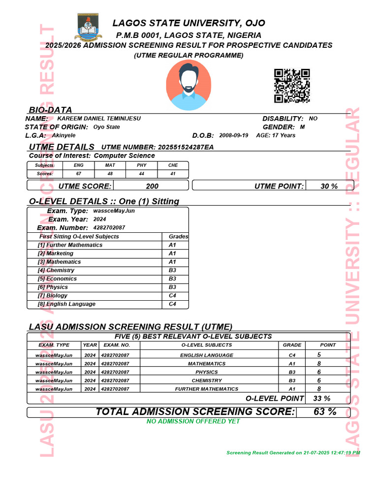 Lasu 2025 - 2026 Admission Screening Result (Utme) - 202551524287ea ...