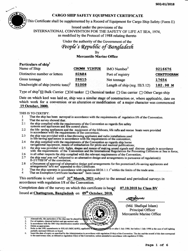 Cargo Ship Safety Equipment Certificate | PDF | Shipping | Water Transport