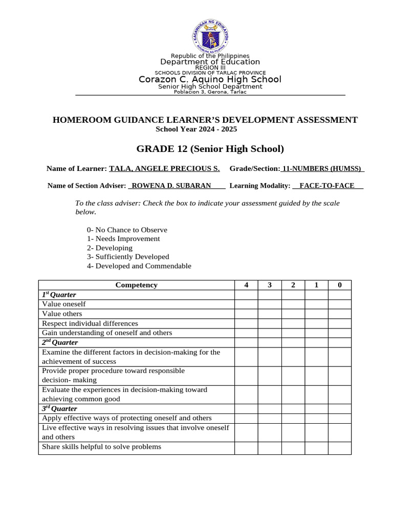 HOMEROOM GUIDANCE LEARNERS DEVELOPMENT ASSESSMENT sENIOR hIGH SCHOOL ...