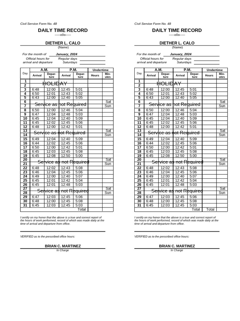 January, 2024 - Daily Time Record (DTR) | PDF