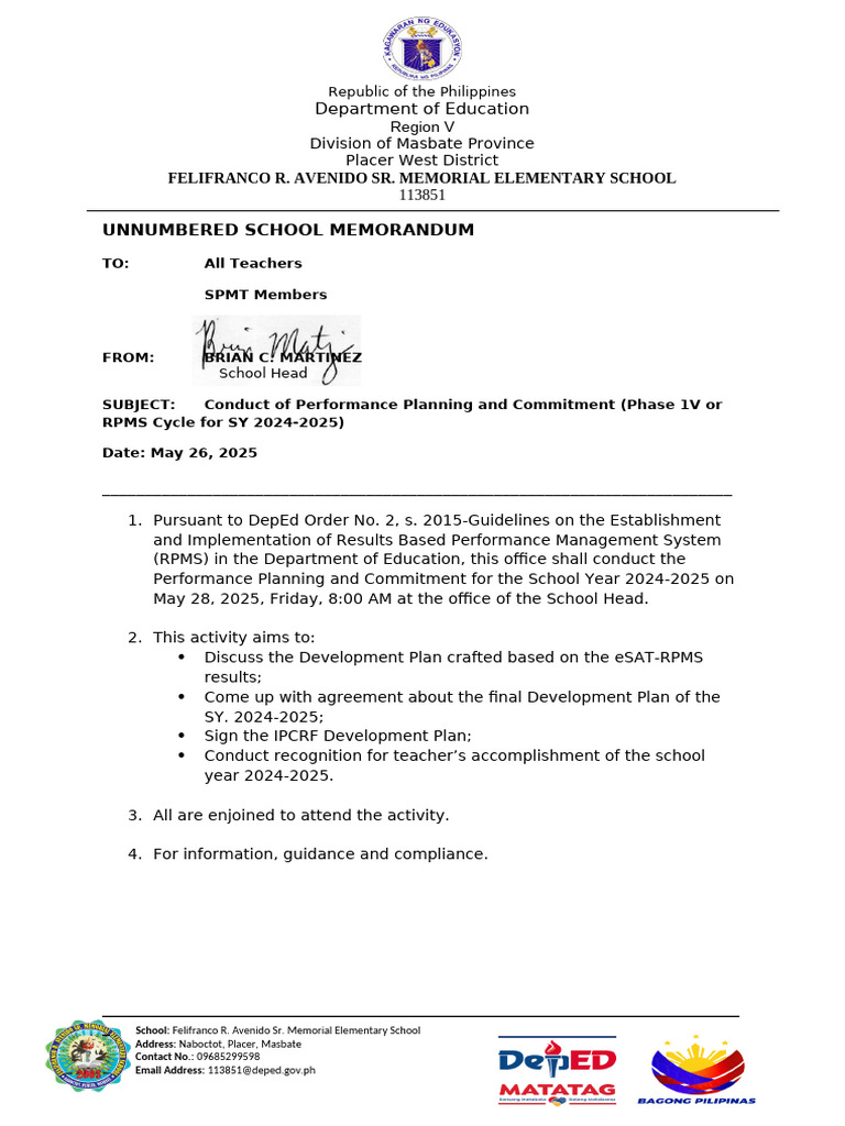 School Memorandum On The Conduct of RPMS Cycle PHASE 4 | PDF