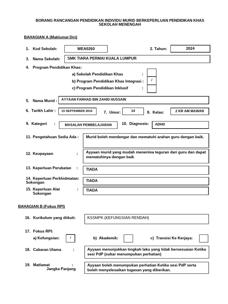 Borang Rpi Ayyaan 2024 | PDF