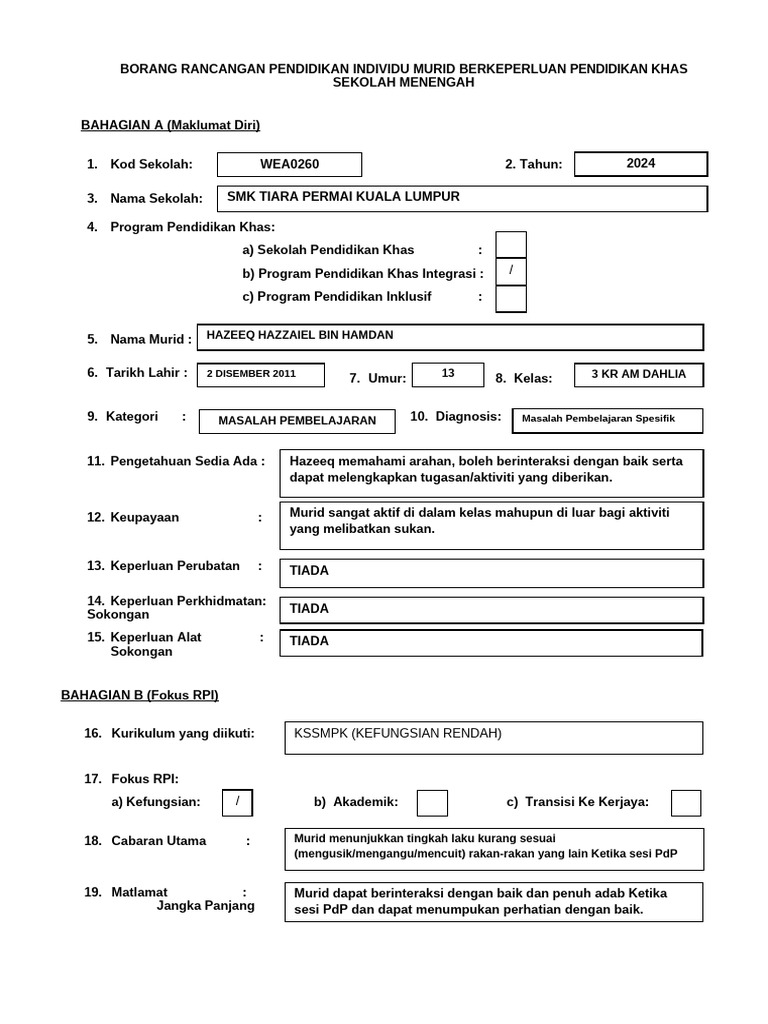 Borang Rpi Hazeeq 2024 | PDF