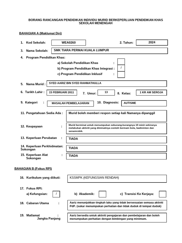 Borang Rpi Aariz 2024 | PDF