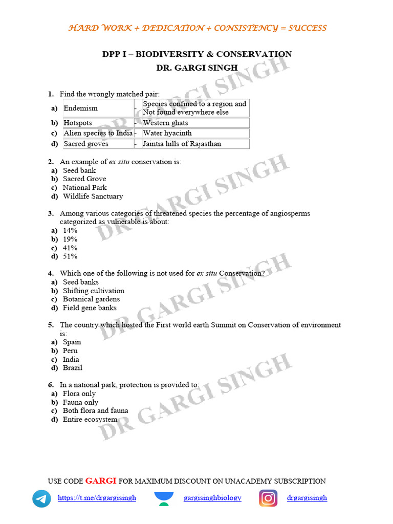 Biodiversity & Conservation Quiz | PDF | Biodiversity | Conservation ...